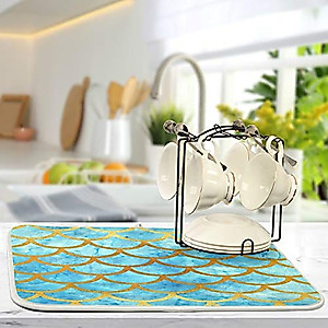 Ocean Mermaid Scales Dish Drying Mat 16"x18" Absorbent Machine Washable Hanging Fast Dry Pad Dish Protective Mat for Kitchen Countertop Heat Resistant Dinner Table Mat