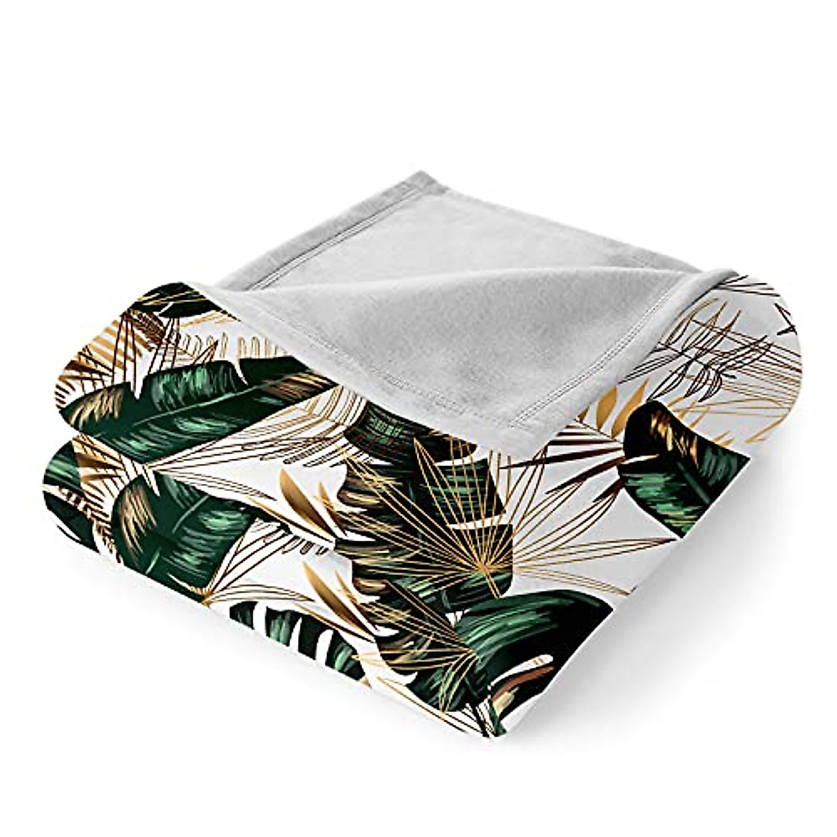 Bedbay Leaf Blanket Soft Flannel Throw Blanket for Couch Green Blanket Green and Gold Palm Leaf Printed Lightweight Plush Throw Fleece Blanket for Bed Sofa Chair (Leaf, Throw(50"x60"))