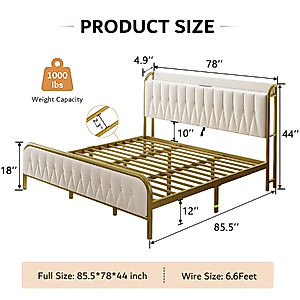 iPormis King Size Metal Bed Frame with Charging Station, Velvet Headboard and Footboard, Heavy Duty Steel Support, 12" Under Bed Storage, No Box Spring Needed, Easy Assembly,Beige&Gold