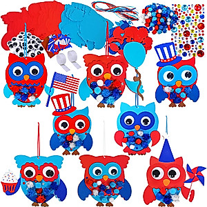 Winlyn 24 Sets 4th of July Patriotic Owl Ornaments Decorations DIY Patriotic Craft Kits Owl Red White Blue USA Flag Pinwheel Stickers Googly Eyes for Kids Favors Classroom Home Activity Art Project