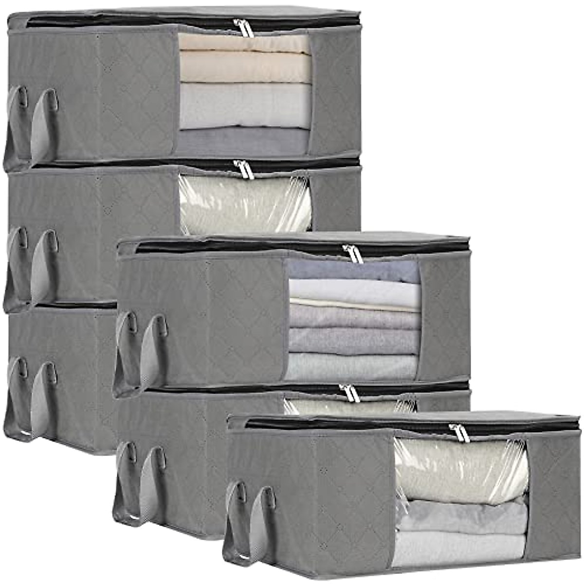 MANZOO Storage Bag Organizer Clothes Containers with Reinforced Handle for Comforters, Blankets, Bedding, Foldable Sturdy Zipper, Clear Window, 6 PC Pack, 35L, Grey
