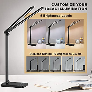 DioFgt Double Head LED Desk Lamp,Dual Swing-arm Table Lamp for Home Office,5 Color Modes and 5 Dimmable,Modern Eye-Caring Piano Lamp with 30/60 min Auto Timer,Touch Control, USB Charging Port