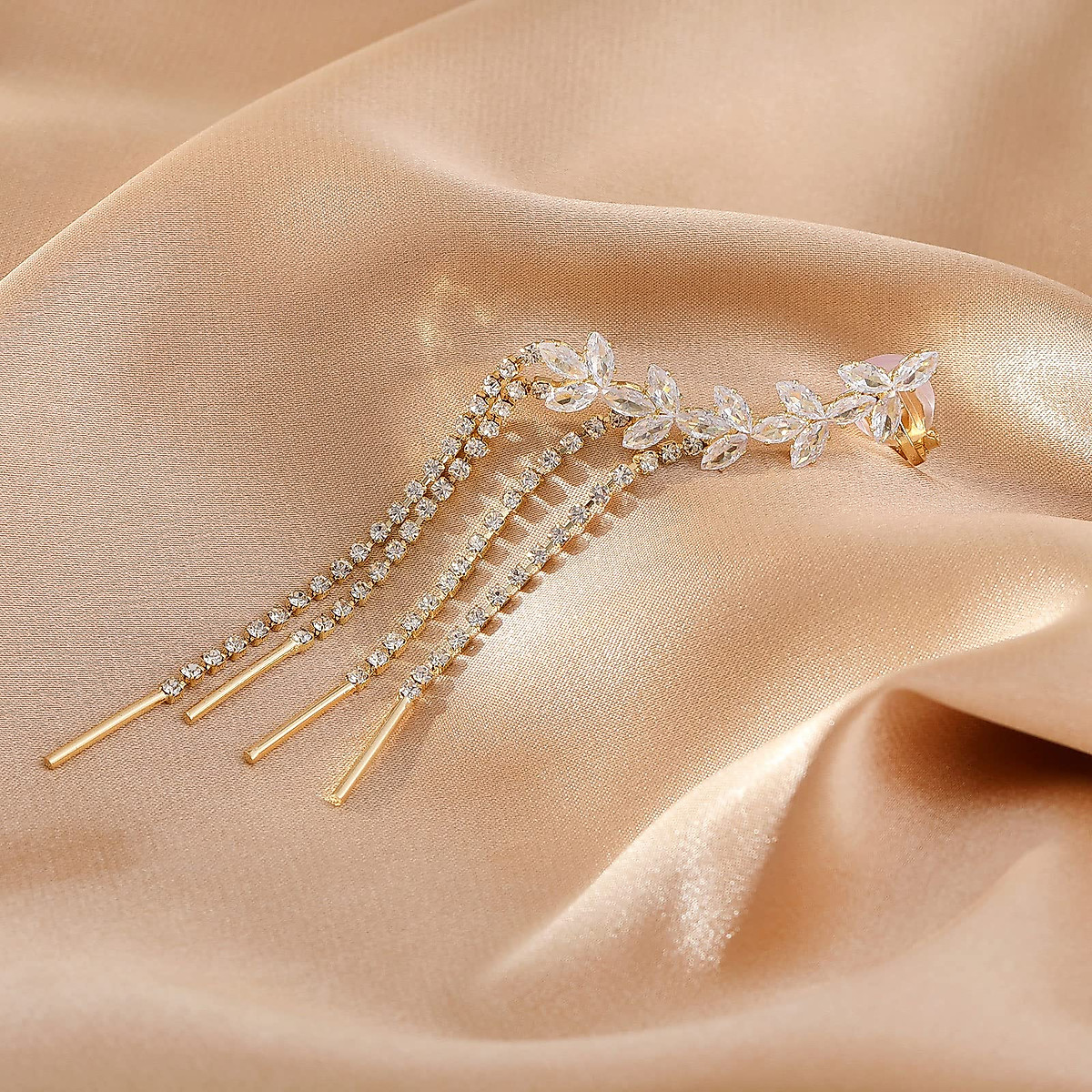 Yumikoo Tassel Ear Cuff Earrings for Women - Rhinestone Copper Ear Clip