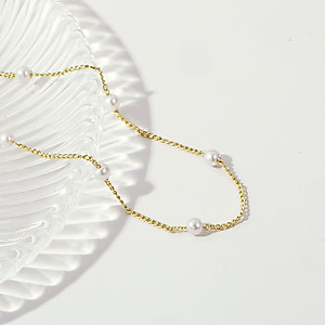 Tasiso 14K Gold Plated Handmade Pearl Anklet Dainty Minimalist Pearl Chain Ankle Bracelets Waterproof Boho Summer Jewelry 8.3"