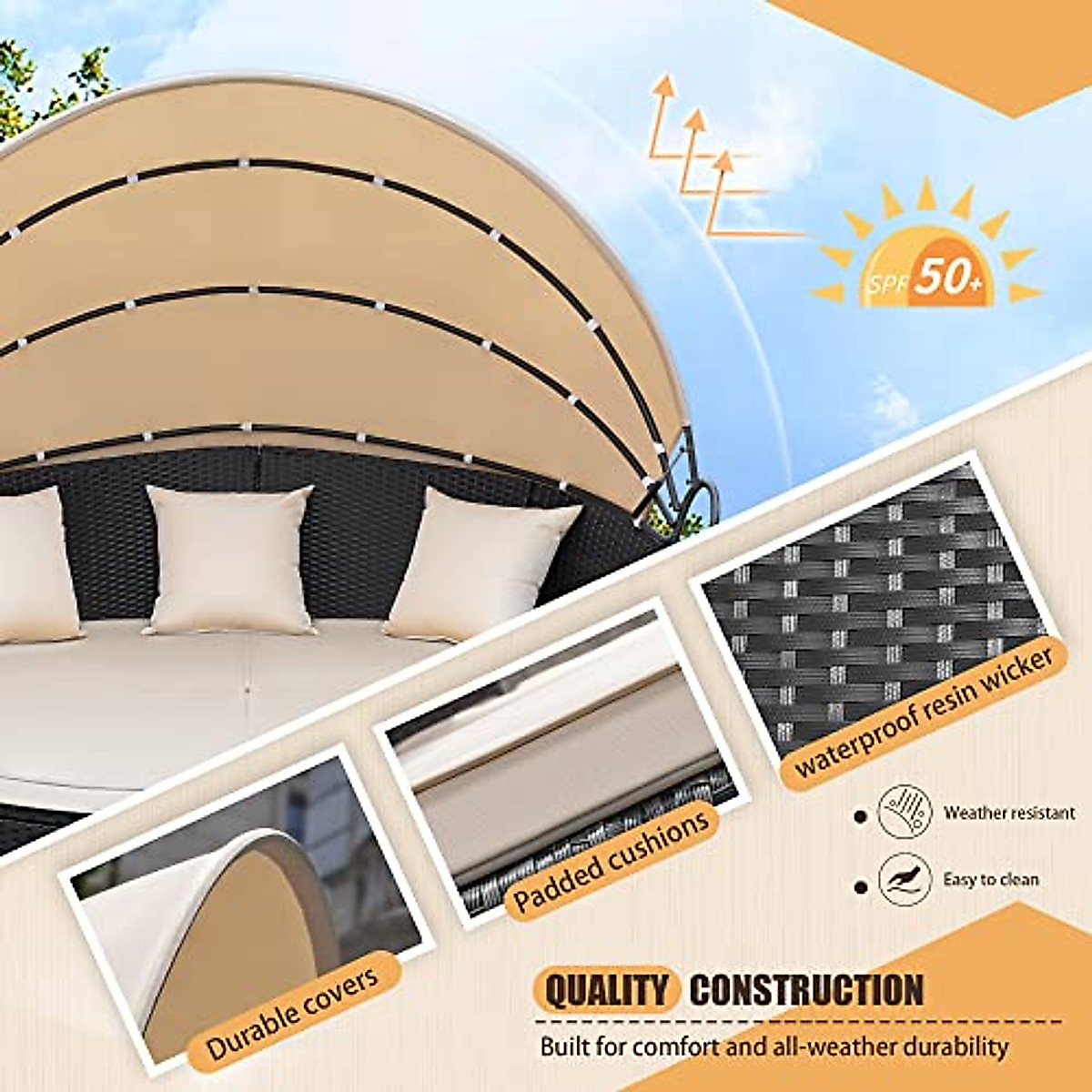 Kemon Patio Furniture Round Outdoor Daybed with Retractable Canopy Wicker Rattan Sectional Sofa for Lawn Garden Backyard Pool, Beige