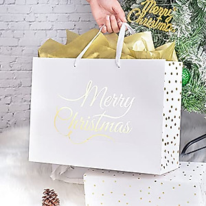 WRAPAHOLIC Christmas Gift Bags - 6 Pack Large Size White Gold Foil Merry Christmas Lettering Bags with 18 Sheets Wrapping Tissue Paper - 16" x 6" x 12"