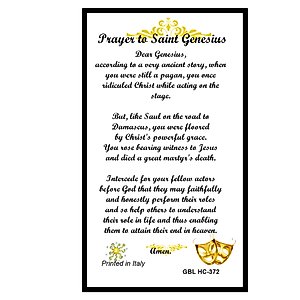 Gifts by Lulee, LLC Saint Genesius Patron of Actors Comedians Dancers Performers and Clowns Blessed Laminated Italian Holy card with Gold Accents