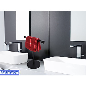 TocTen Hand Towel Holder Stand, T-Shape Hand Towel Rack for Bathroom Vanity Countertop, SUS 304 Stainless Steel Bath Towel Bar Stand with Heavy Duty Base (Matte Black)