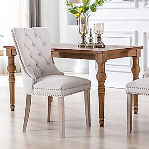 chairus Dining Chairs Set of 2 with Tufted High Back Retro Linen Fabric Upholstered Dining Room Chairs Side Chairs Rustic White Wood Legs Nailhead Trim Ring Pull- Beige 2PCS
