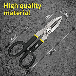 B BOSI TOOLS 8 Inch Straight Pattern Tin Snips Metal Cutters, High Strength Forged and Heat Treated Carbon Steel with Comfortable Black Rubber Handle