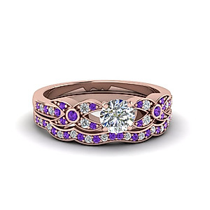 CustomizedGifts Flower Pave Diamond Wedding Ring Set rose gold plated Natural Amethyst Round shape purple color Wedding Ring Sets bezel Setting in Size 8 Party Wear Daily Wear Ornament