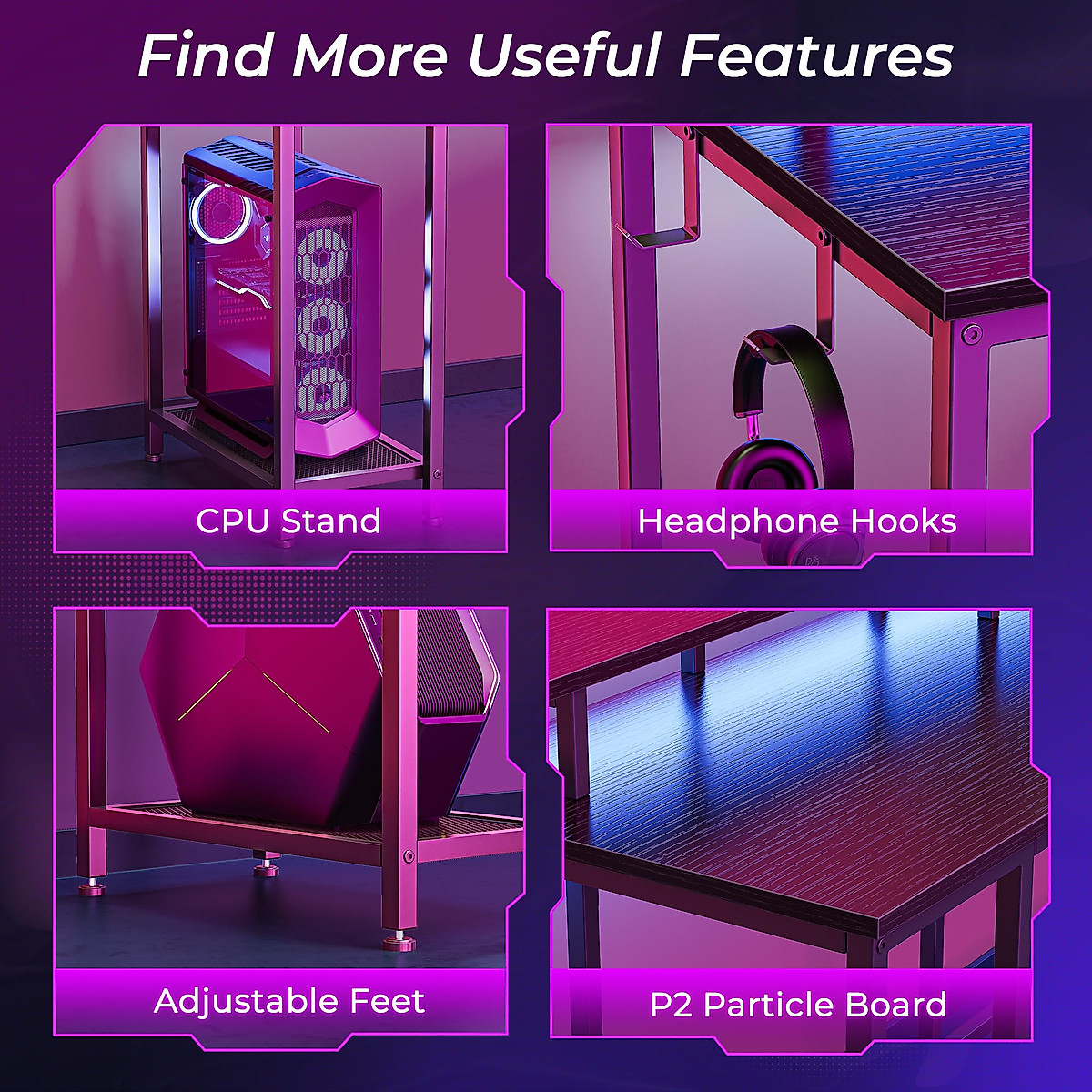 SUPERJARE L Shaped Gaming Desk with Power Outlets & LED Lights, Computer Desk with Monitor Stand & Storage Shelf, Home Office Desk Corner Desk with Hooks, Black