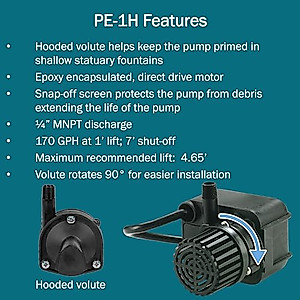 Little Giant PE-1H 115-Volt, 1/125 HP, 170 GPH Epoxy Encapsulated Small Submersible Direct Drive Pump with Hooded Volute, 6 Ft. Cord, Black, 518203