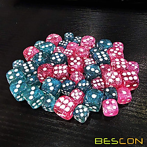 Bescon Ethereal Glitter Dice D6 16MM&12MM 48pcs Set, Game Dice Glitter Rose and Teal in 12MM&16MM Each 12pcs
