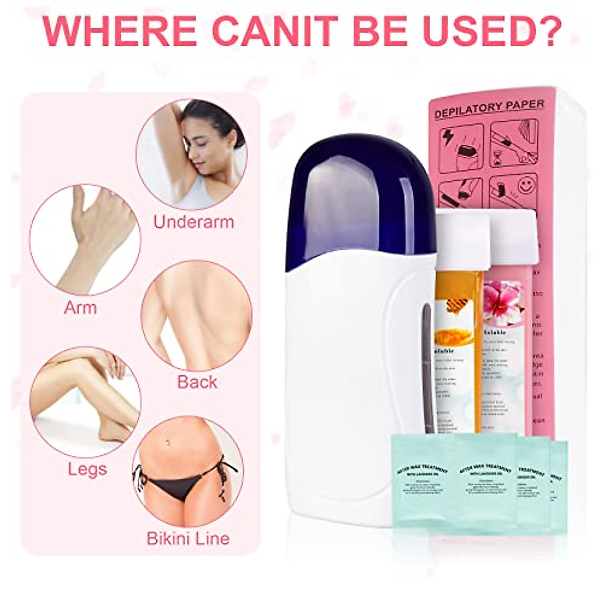 Wax Roller Kit for Hair Removal,Roller Waxing Kit,Roll On Wax Kit For Hair Removal Sensitive Skin,Roll On Wax Kit For Face,Arms, Legs And Larger Areas Of The Body Hair Removal,Roll on Wax Warmer Kit