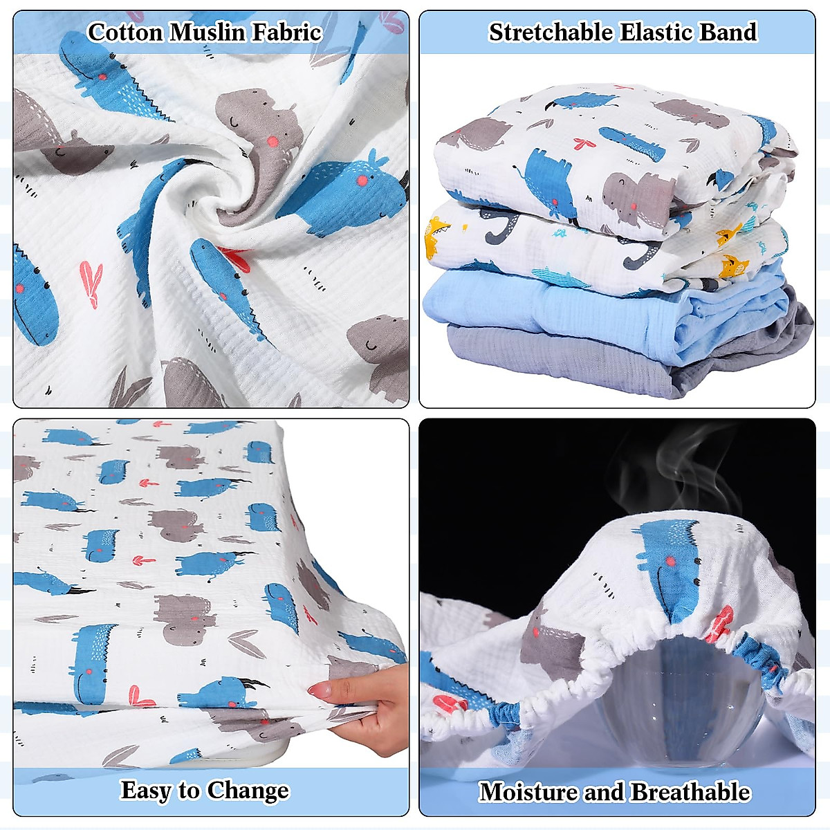 Preboun 4 Pieces Muslin Crib Sheets for Boys Girl, Fitted Baby Toddler Bed Sheets 28'' x 52'', Neutral Muslin Cotton Crib Mattress Sheet, Soft and Breathable Comfort Baby Sheets (Dinosaur, Crocodile)