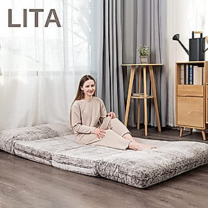 LITA Folding Mattress Sofa, Foldable Double Sofa Bed Foam Filling Convertible Sleeper Sofa Bed Modern Soft Faux Fur Wall Sofa Bed with Removable Cover for Living Room/Apartment/Dorm, Coffee