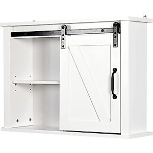 HONHPD Farmhouse Bathroom Wall Storage Cabinet, Over The Toilet Medicine Cabinet, Space Saving Sliding Barn Door Cupboard with Adjustable Shelves & Metal Handles, 27.2" L x 7.8" W x 19.7" H (White)