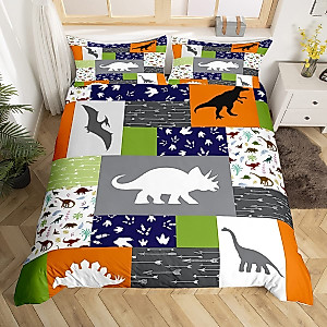 Cartoon Dinosaur Duvet Cover Kids Girls Boys Kawaii Room Decor,Arrow Animal Paw Comforter Cover Breathable,Colorful Dino Silhouette Bedding Set,Buffalo Plaid Check Patchwork Bedspread Cover Queen