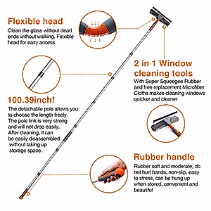 Baban Window Squeegee Cleaner, 2 in 1 Window Cleaning Tool with Straight Extension Pole, 100'' Telescopic Window Washing Equipment with Bendable Head for Car Glass Indoor Outdoor High Windows