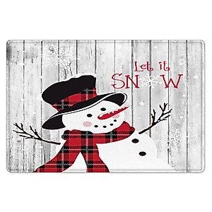 LB Winter Snowman Bath Mat Red and Black Plaid White Snowflake Area Rug for Bathroom Grey Rustic Wood Plank Doormat Non Slip Memory Foam Super Absorbent Floor Mats,24Wx16H Inch