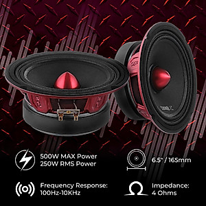 DS18 PRO-X6.4BM Loudspeaker - Pair of 6.5", Midrange, Red Aluminum Bullet, 500W Max, 250W RMS, 4 Ohms - Premium Quality Audio Door Speakers for Car or Truck Stereo Sound System (2 Speaker)