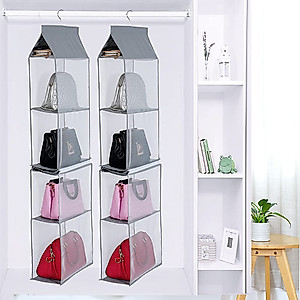 KEEPJOY Detachable Hanging Handbag Purse Organizer for Closet, Purse Bag Storage Holder for Wardrobe Closet with 4 Shelves Space Saving Purse Organizers System (Pack of 2 Grey)