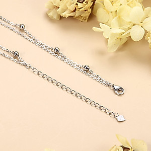 MILACOLATO Anklet for Women 925 Sterling Silver Ankle Bracelet 18K White Gold Plated Heart Beads Layer Ankle Bracelet Ajustable Foot Ankle Bracelet Beach Jewelry, Style F