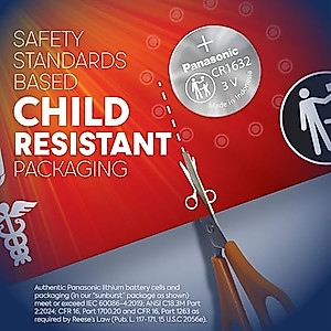 Panasonic CR1632 3.0 Volt Long Lasting Lithium Coin Cell Batteries in Child Resistant, Standards Based Packaging, 2-Battery Pack