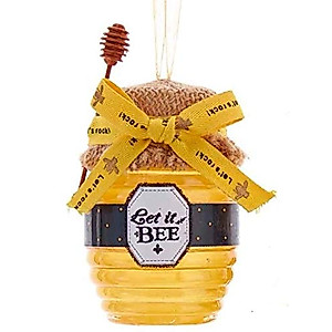 OnHoliday Let it Bee Honey Jar with Burlap Cover and Yellow Let's Rock Bow Christmas Tree Ornament