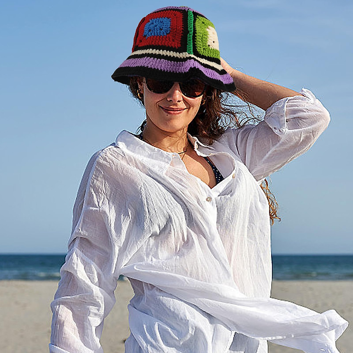 Women Crochet Hat Floral Crochet Bucket Hat Knitted Hats Fish Hat Travel Outdoor Handmade Knit Hats Fishing Hat Beach Hat Colorful