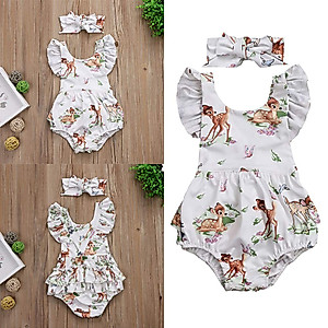 Newborn Baby Girls 1st Birthday Christmas Outfit Bambi Romper Ruffle Flutter Sleeve Bodysuit Summer Backless Sunsuit with Bowknot Headband Party Dress Clothes 2pcs Set for Photo Shoot White 0-6M