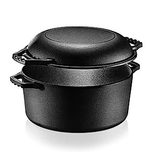 NutriChef Cast Iron Multi Cooker - Pre-Seasoned Non-Stick Double Dutch Oven Stovetop Casserole Cookware Braising Pot and Skillet Lid with Handle- For Oven, Stove, Grill, Over a Campfire Cooking