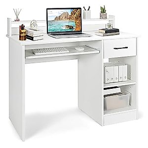 Tangkula White Computer Desk with Drawer & Keyboard Tray, 22 Inch Wide Modern Study Writing Desk with Desktop Hutch & Storage Shelves for Kids, Wood PC Laptop Desk, Desk for Bedroom