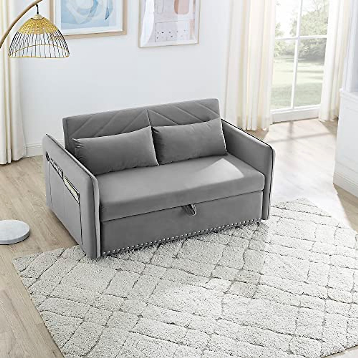 Eafurn 3 in 1 Convertible Loveseat Sofa with Pull Out Sleeper Bed, Small Love Seat Futon Couch Sofabed with Adjustable Backrest, Multi-Functional Upholstery Reclining Chaise Lounge for Living Room