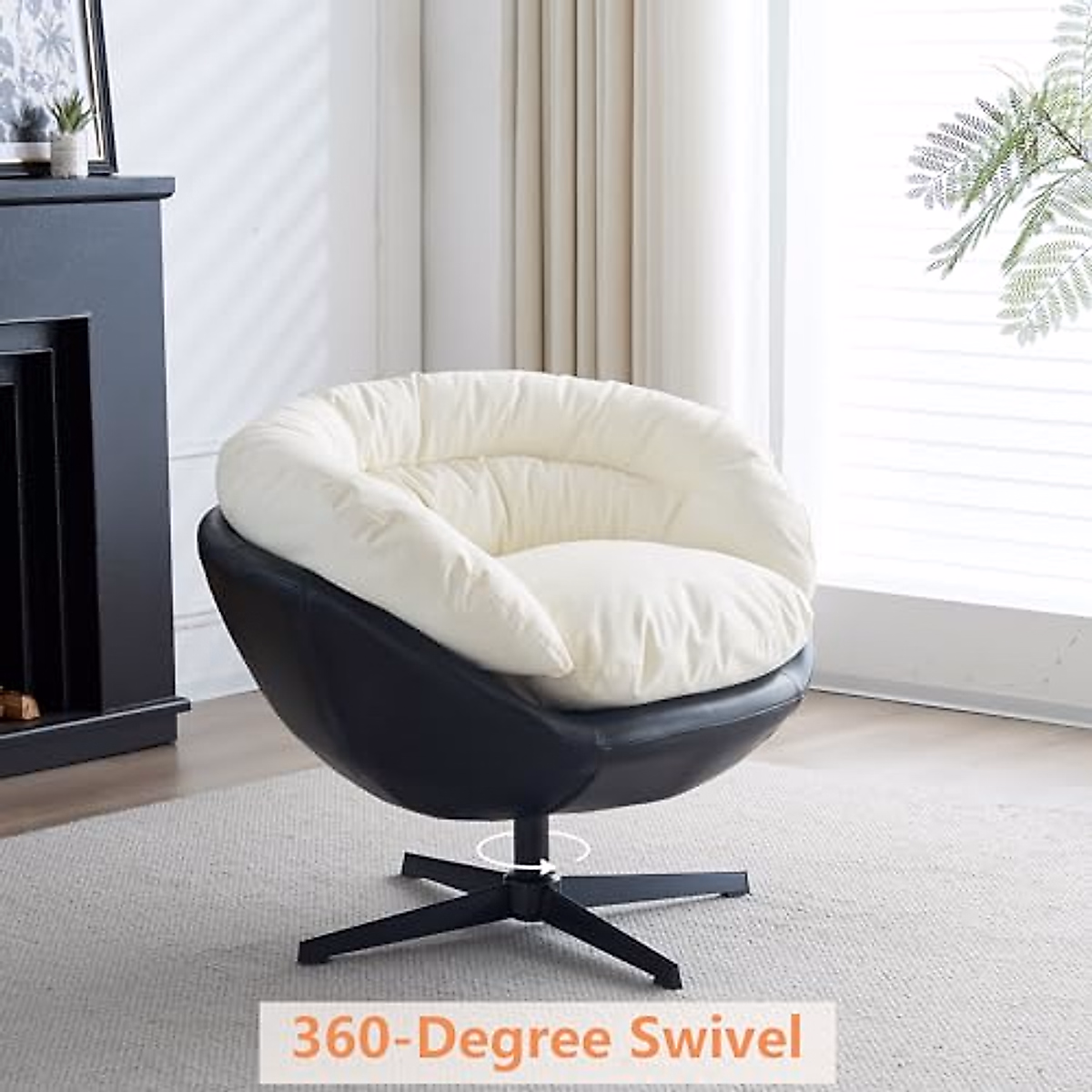 Swivel Barrel Accent Chair, Round Armchair with Wide Upholstered, 360 Degree Swivel PU Leather Club Sofa Chair for Living Room, Bedroom, Office (Cream White+Black)