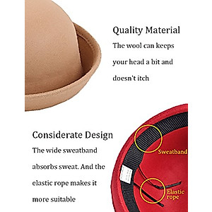 Lujuny Classic Wool Round Bowler Hats - Trendy Derby Fedora Bucket Caps with Roll-up Brim for Youth Petite (Black)