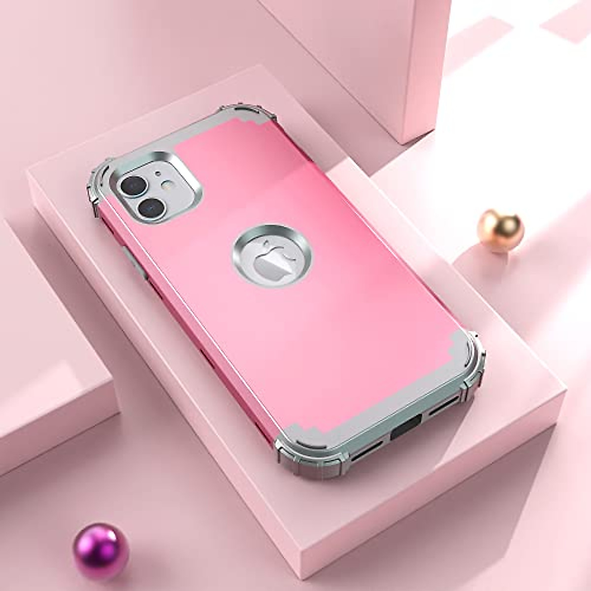 IDweel iPhone 11 Case with Screen Protector(Tempered Glass), Hybrid 3 in 1 Shockproof Slim Fit Heavy Duty Protection Hard PC Cover Soft Silicone Bumper Full Body Case,Pink/Light Grey