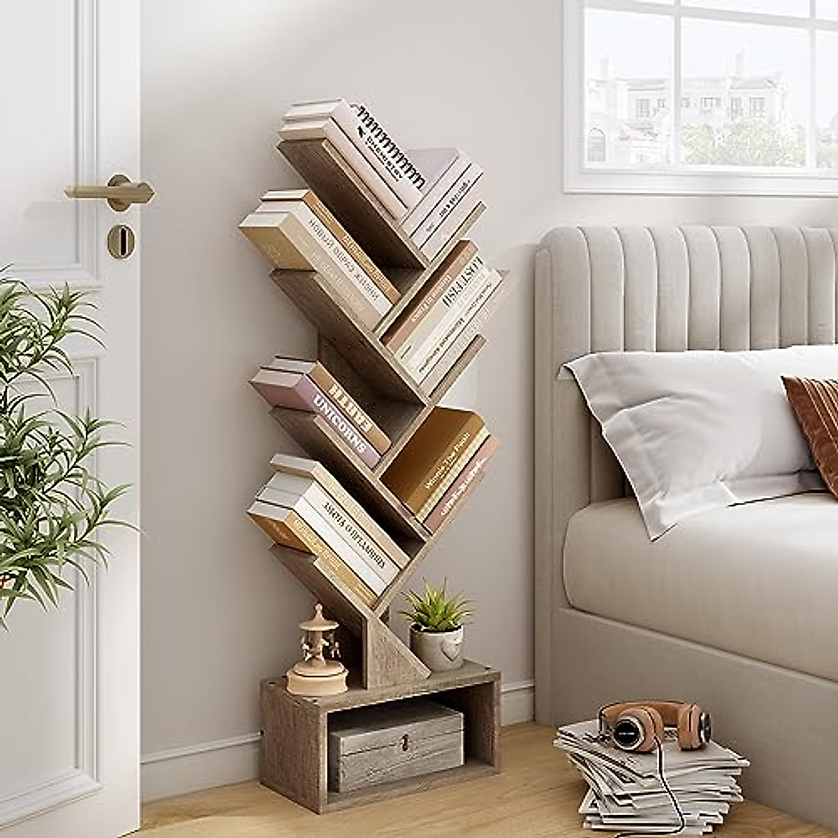 Hoctieon 6 Tier Tree Bookshelf, 6 Shelf Bookcase with Drawer, Modern Book Storage, Utility Organizer Shelves for Home Office, Living Room, Bedroom, Greige