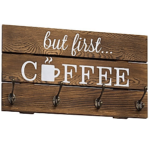 MyGift Burnt Wood Coffee Mug Wall Rack, Wall Mounted Decorative Coffee Bar Sign with 'But First Coffee' and 8 Dual Hooks