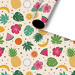 Aloha Floral Hawaiian Luau Wrapping Paper 6 Sheets, Pitaya Pineapple Orange Banana Watermelon Lemon Summer Fruit Floral Monstera Palm Turtle Leaves Tropical Island Themed Wrap Paper Sheet for Gift Wrapping, Birthday, Baby Shower, Aloha Hula Party Decorati