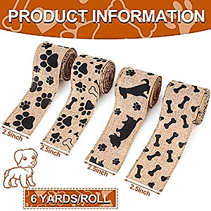 Kuscul 4 Rolls Dog Print Ribbons, 20 Yards Dog Bone Ribbon Doggy Paw Print Ribbon Wired Paw Print Burlap Ribbon for Dog Wreaths Swag Bow Making Dog-Lover Gift Wrapping, DIY Crafting and Party Decor