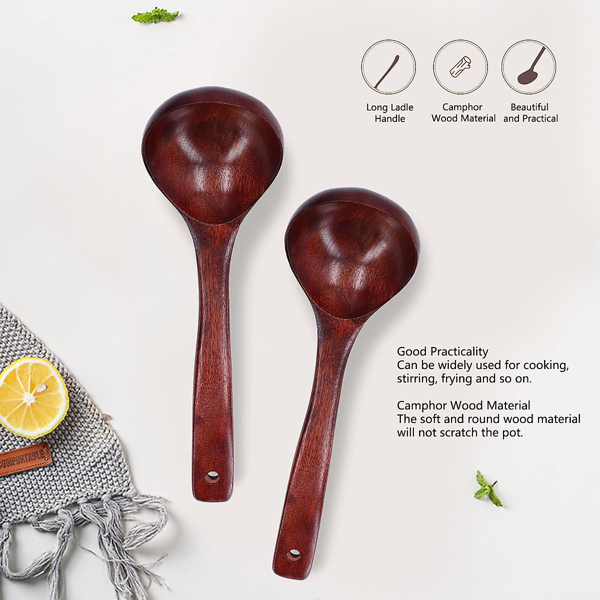 2Pcs Wooden Spoons for Cooking,Wood Spoon Scoops Wooden Ladle Spoon Nonstick Cooking Utensils for Soup Kitchen Cooking Mixing Stirring (9cm)