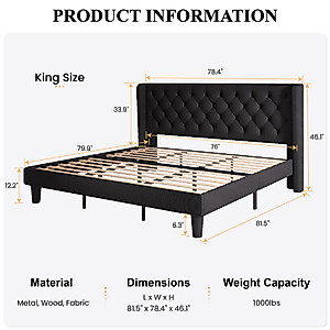 SHA CERLIN King Size Platform Bed Frame with Upholstered Headboard and Wingback, Button Tufted Design, Easy Assembly, Black