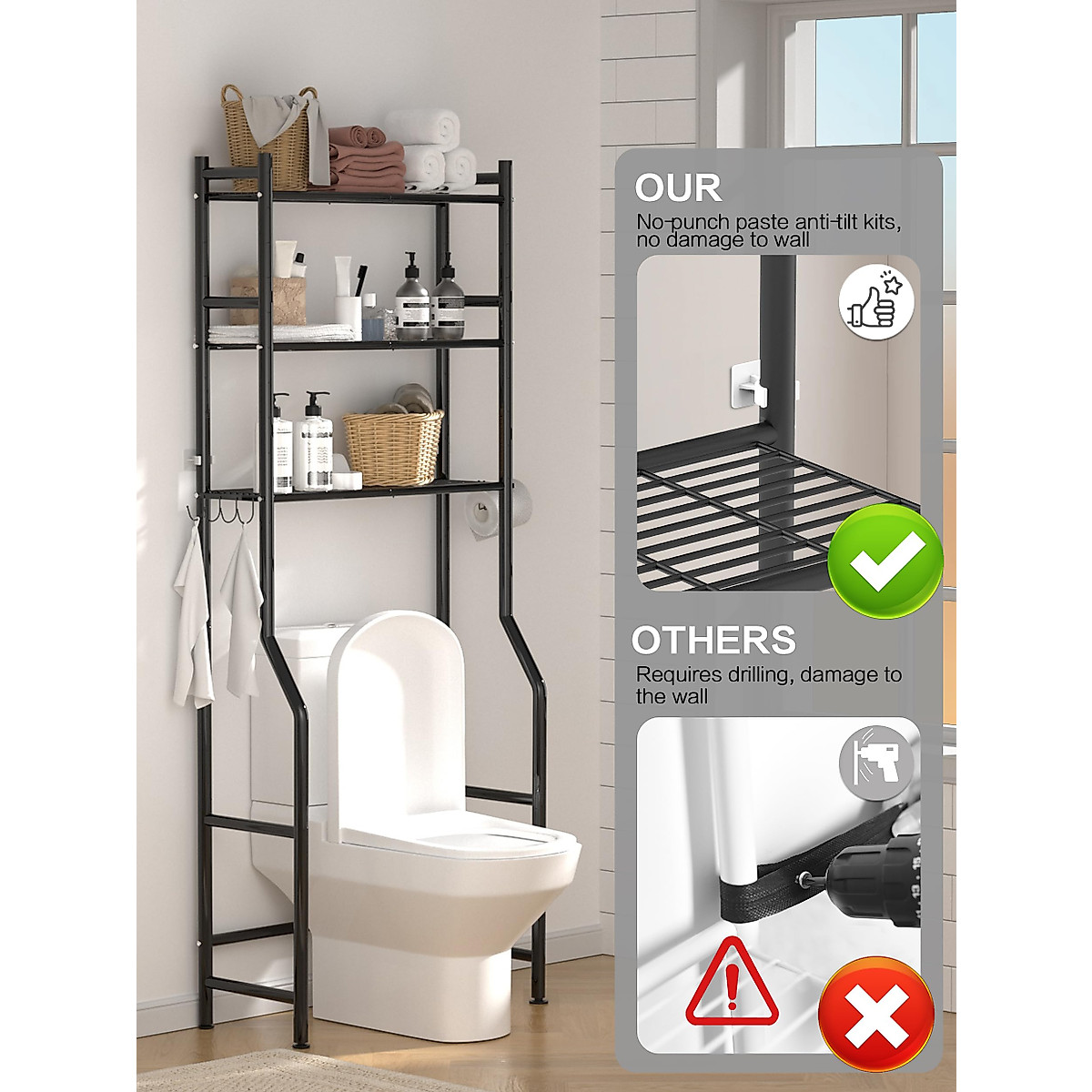 GloTika 3-Tier Over The Toilet Storage, Space Saver Metal Bathroom Shelves, Freestanding Above Over Toilet Storage Shelf with 4 Hooks for Bathroom, Black