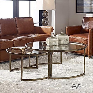 BOWERY HILL Transitional 2 Piece Glass Top Nesting Coffee Table Set in Gold