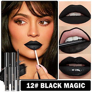 QIUFSSE 3 in 1 Black Lip Liner Pencil and Lipstick lipgloss Set Matte Black Lipstick Lip Gloss Kit Long-lasting Nonstick Cup Smudge Proof Lip Kits with Lip Liner,Velvet Goth Makeup (12#Black Magic)