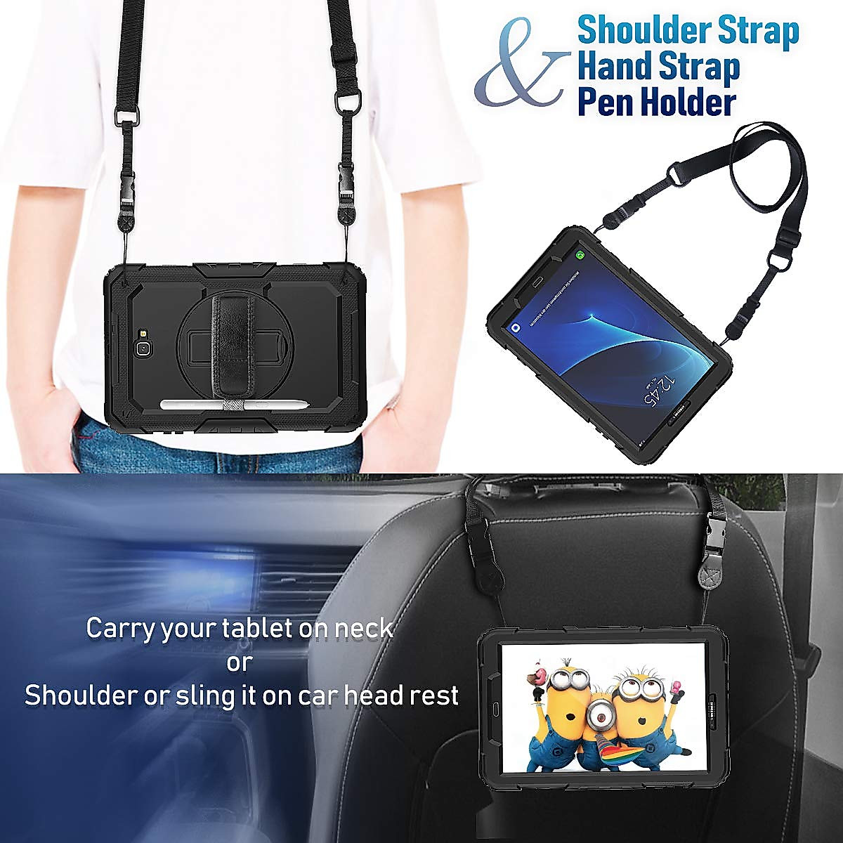 Timecity Case for Samsung Galaxy Tab A 10.1 inch 2016 Release, SM-T580 T585 T587 Case, Heavy Duty Protection Case with Screen Protector, Stand, Hand Strap and Shoulder Strap Stylus Holder - Black