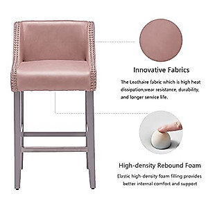 Pink Bar Stools Set of 2, 28 Inch Modern Bar Height Stools with Back and Nailhead Trim, Upholstered Farmhouse Bar Stool Bar Chairs for Kitchen Island, Home Bar Pub, Pink and Gray