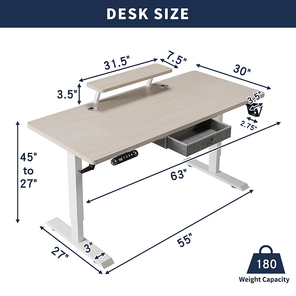 HEONAM Electric Standing Desk with Drawer, 63x30 Inches Height Adjustable Sit Stand Up Desk with Storage Shelf, Home Office Desk Computer Workstation with White Pearwood Top/White Frame